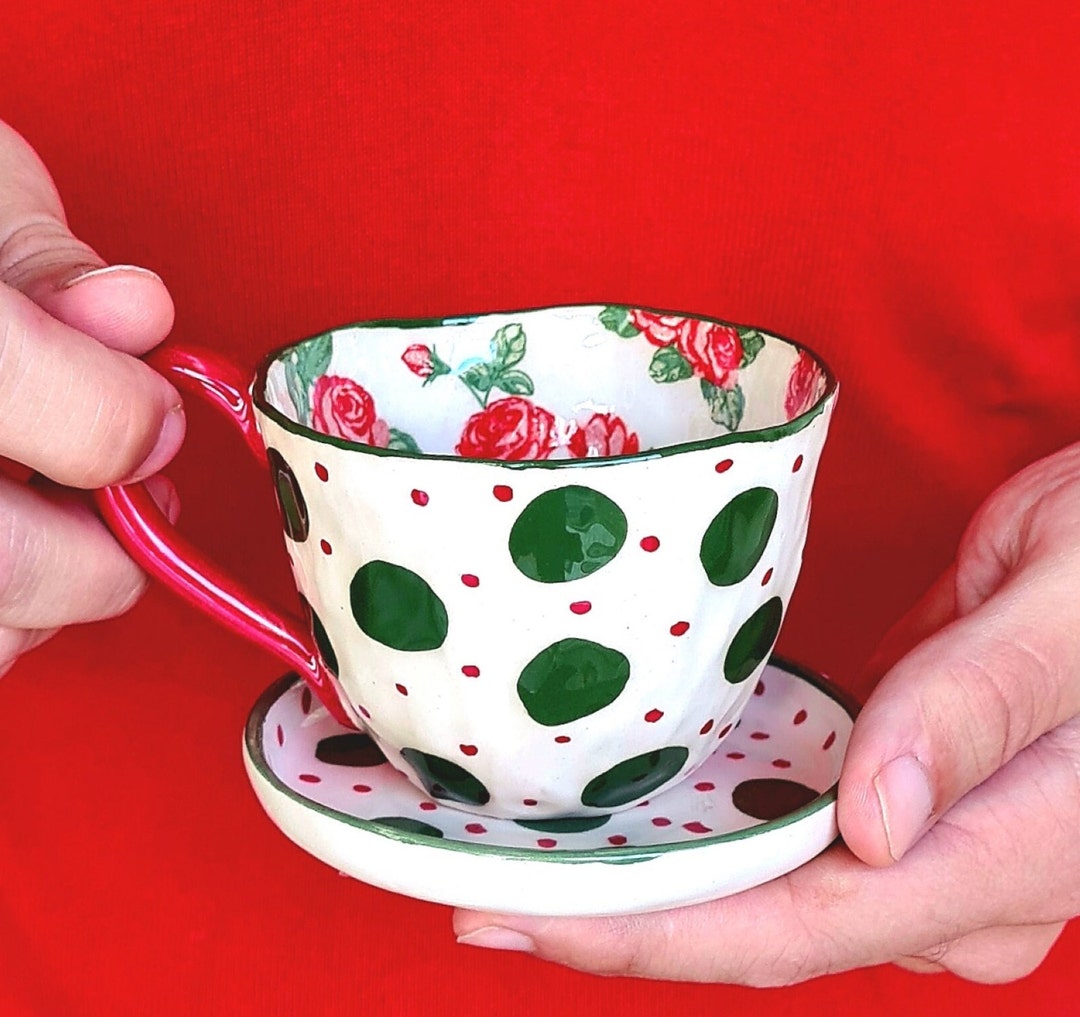 Handmade Ceramic Cup With Handle & Saucer.decorated With a Rose Sprig ...