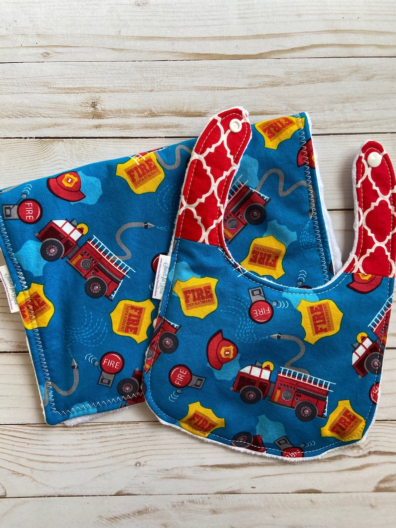 Fire Trucks Fireman Burp Cloth and Bib Set - Etsy