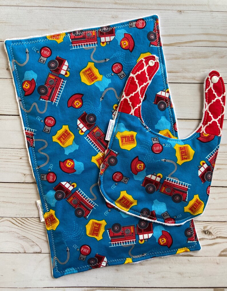 Fire Trucks Fireman Burp Cloth and Bib Set - Etsy