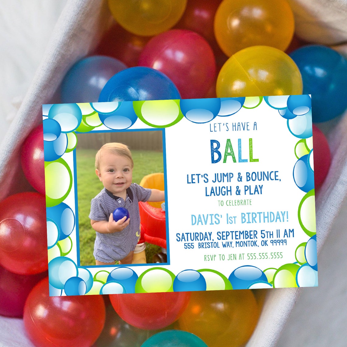 EDITABLE PRINTABLE Blue & Green Ball Party Invitation, Editable Ball ...