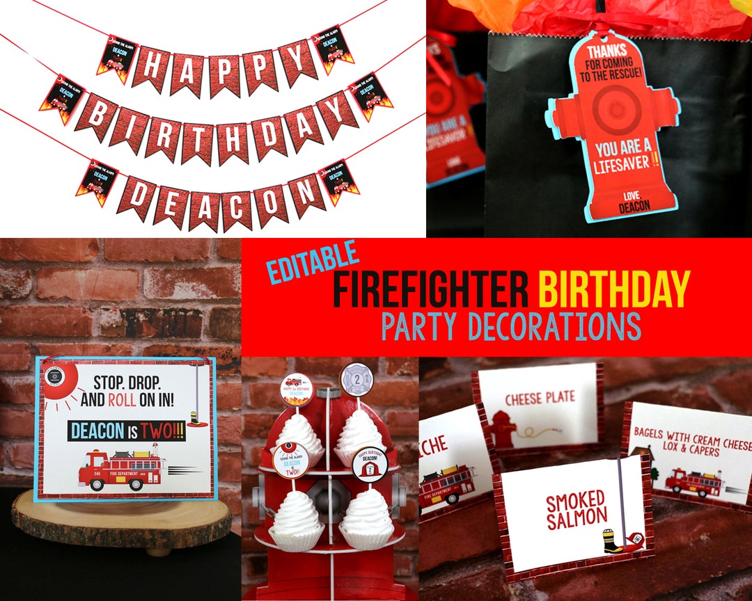 EDITABLE PRINTABLE Firefighter Birthday Party Decorations Pack ...