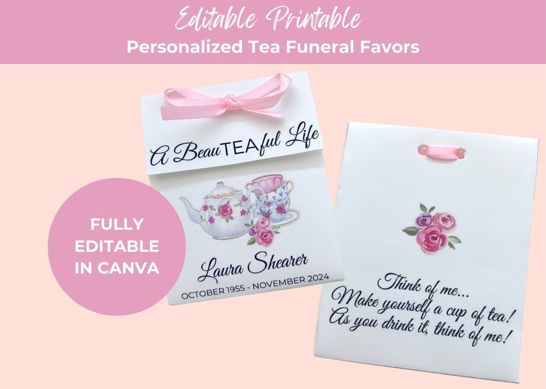 EDITABLE PRINTABLE Personalized Tea Packet Funeral Favors, Memorial ...