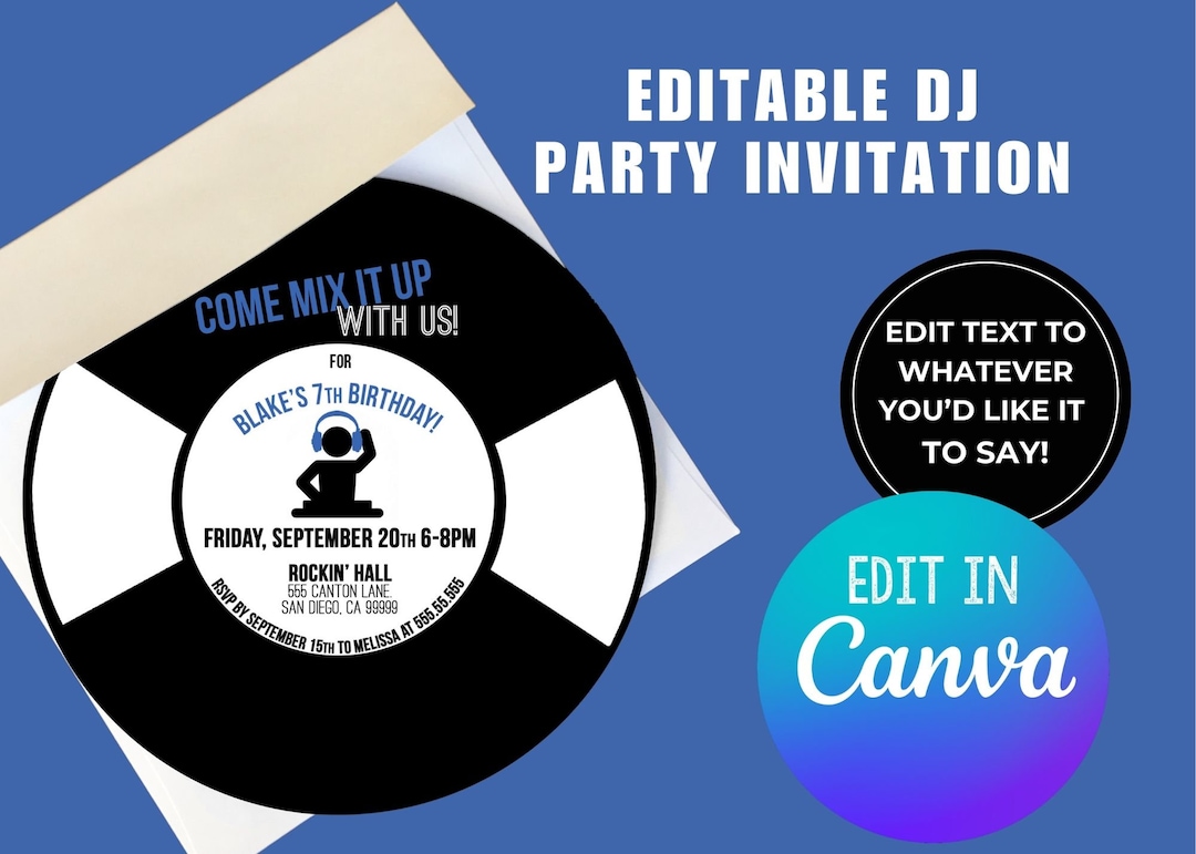 Editable Printable Record Invitation (6 X 6), Music Themed Party ...