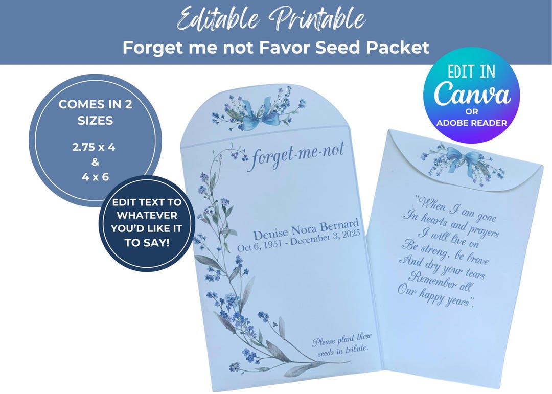 Forget Me Not Personalized Seed Packet Favor Memorial Service Custom ...