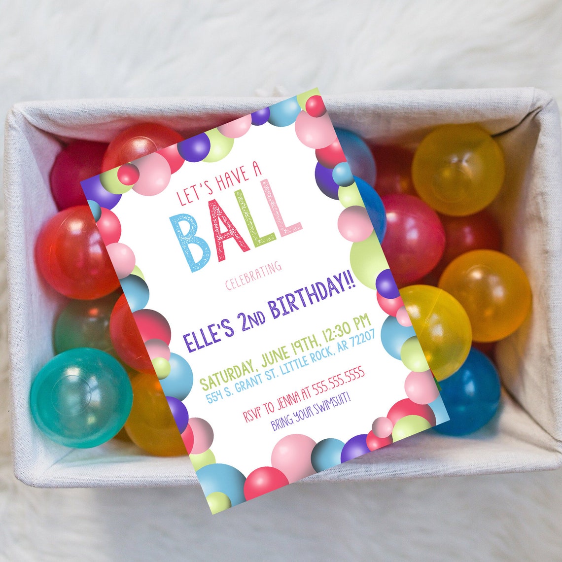 EDITABLE PRINTABLE Pink and Purple Ball Birthday Party Invitation, Girl ...