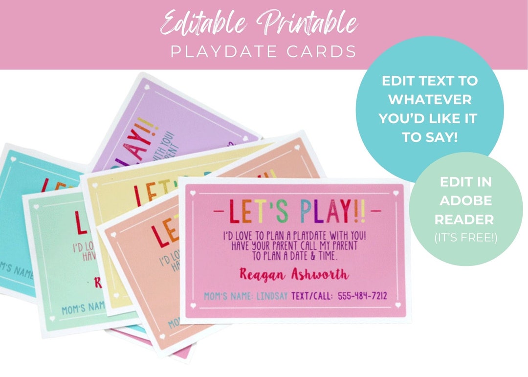 EDITABLE PRINTABLE Girl's Playdate Cards Printable Kid Moving Playdate ...