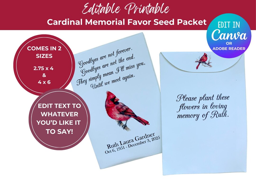 Editable Printable Cardinal Memorial Favor Seed Packet Cardinal ...