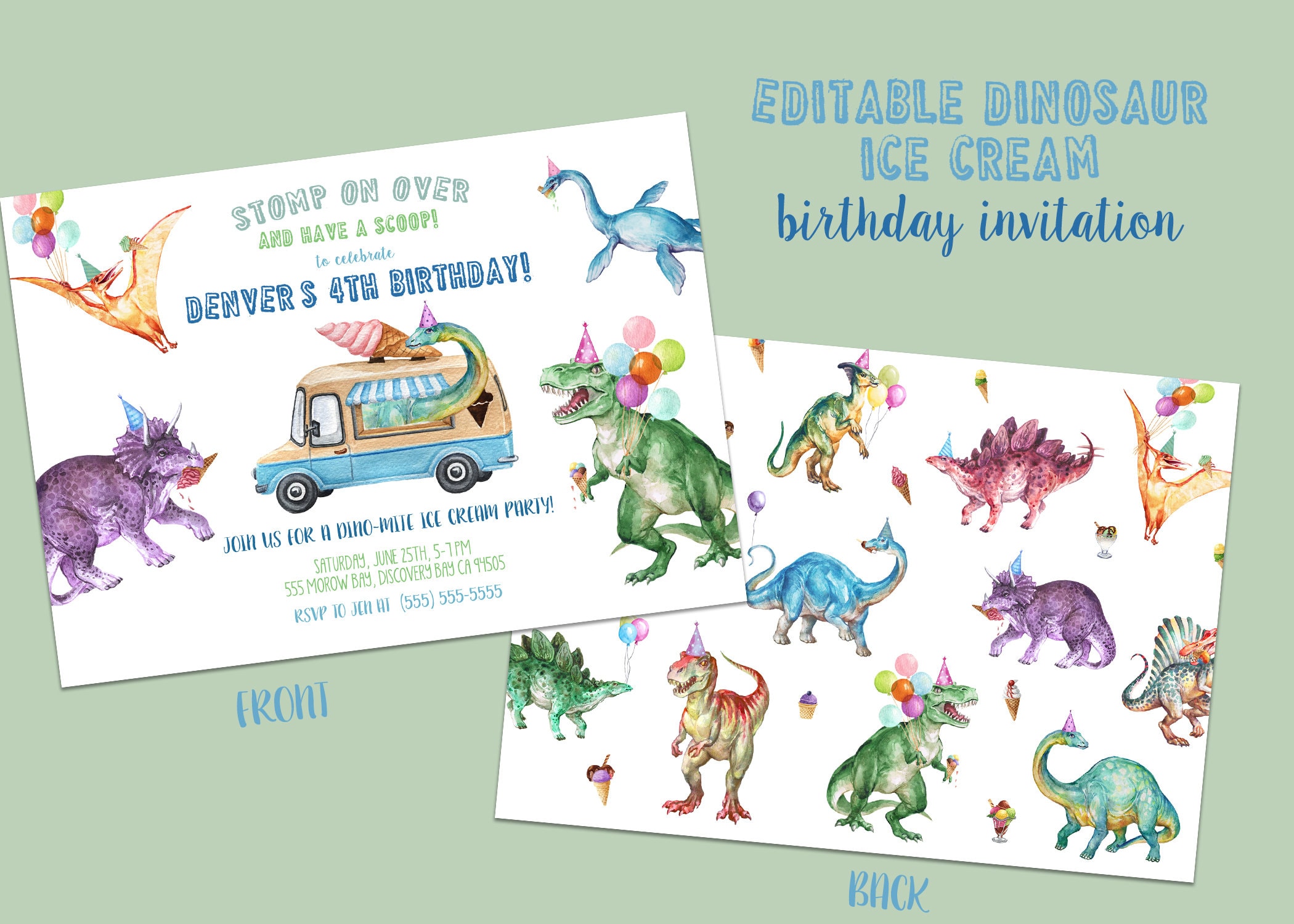 EDITABLE PRINTABLE Dinosaur Ice Cream Invitation, Dino Ice Cream Party ...
