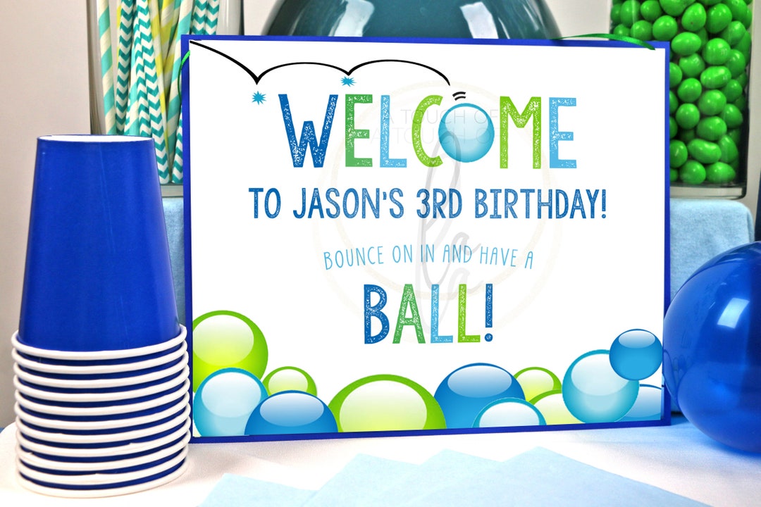 EDITABLE PRINTABLE Blue & Green Ball Party Welcome Sign, Editable ...