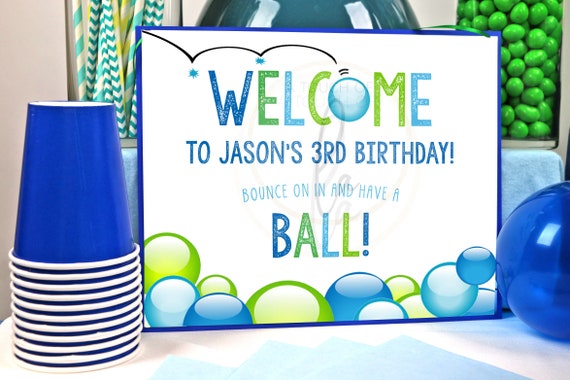 EDITABLE PRINTABLE Blue & Green Ball Party Welcome Sign - Etsy