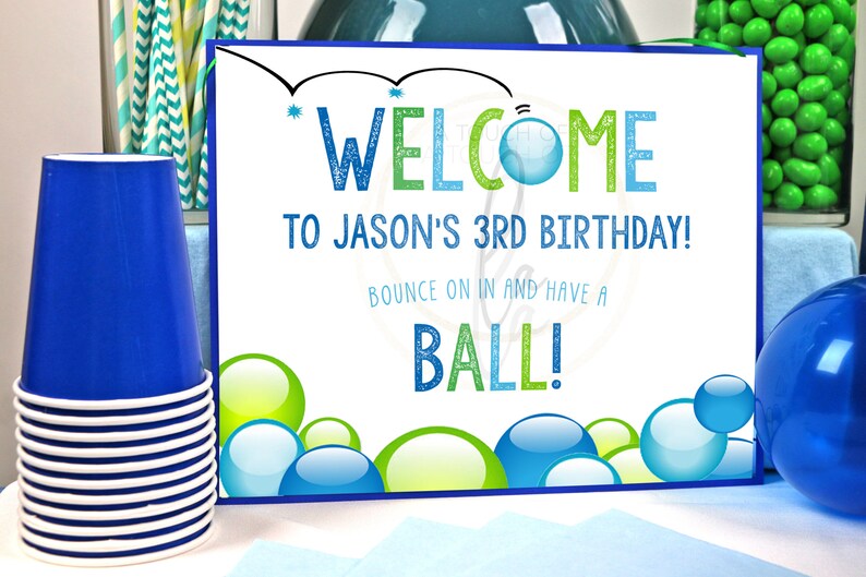 EDITABLE PRINTABLE Blue & Green Ball Party Welcome Sign - Etsy