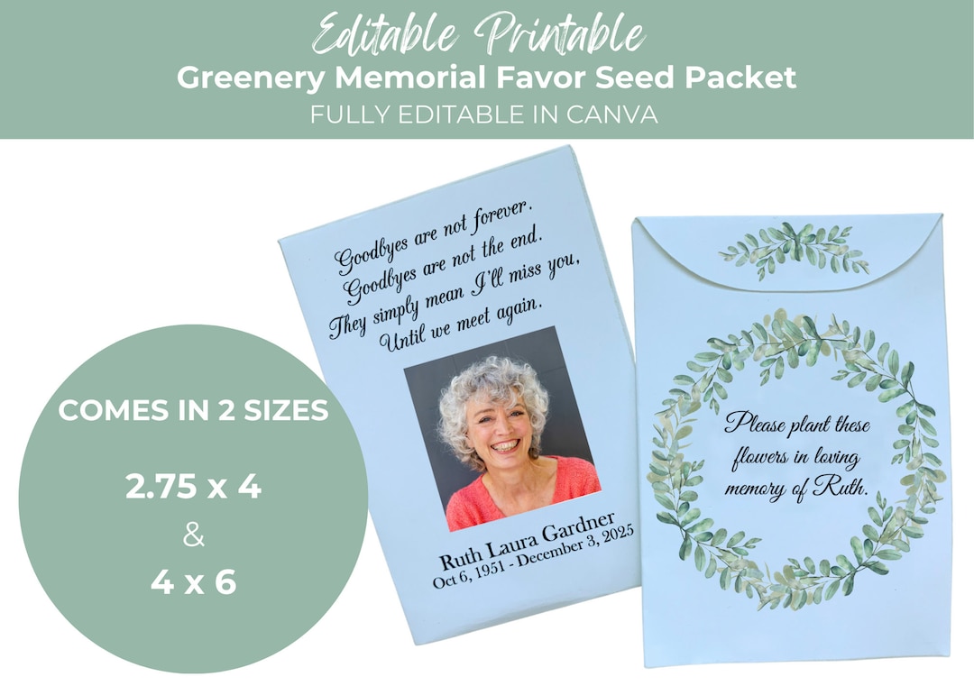 EDITABLE PRINTABLE Personalized Seed Packet Favor Memorial Service ...