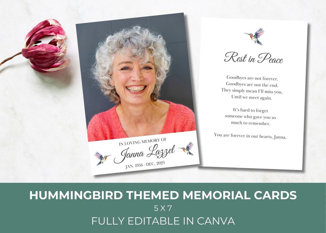 EDITABLE PRINTABLE Hummingbird Memorial Cards, Printable Hummingbird ...