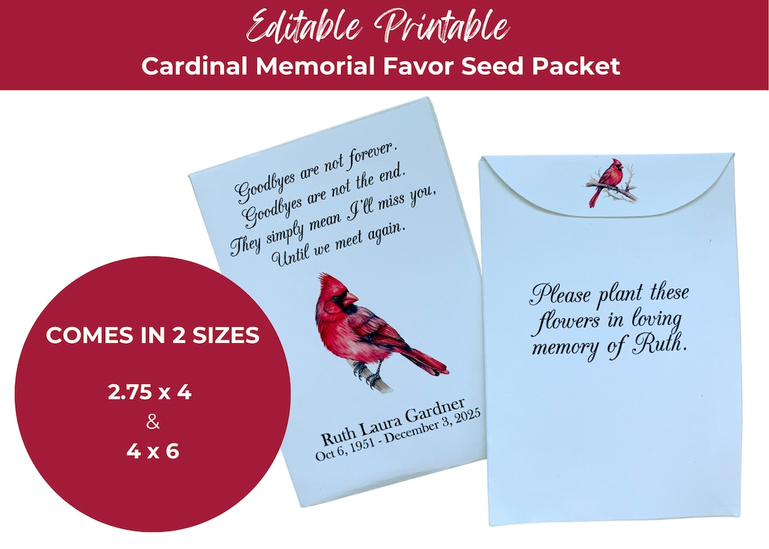 Editable Printable Cardinal Memorial Favor Seed Packet Cardinal ...