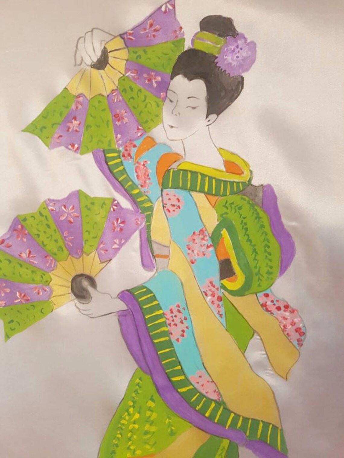 Pair of Hand Painted Geisha Asian Decor Taffeta Acrylic Paint - Etsy