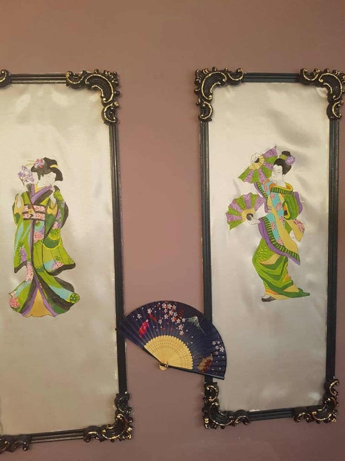 Pair of hand painted geisha asian decor taffeta acrylic paint | Etsy