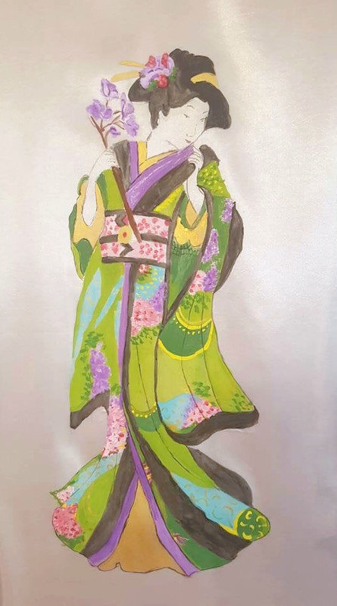 Pair of Hand Painted Geisha Asian Decor Taffeta Acrylic Paint - Etsy