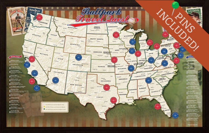 Ballpark Travel Quest Map With Pins Push Pin Travel Map - Etsy