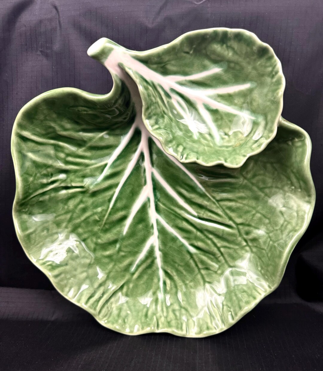 Vintage Bordallo Pinheiro Cabbage Leaf Chips and Dip Serving Dish Green ...