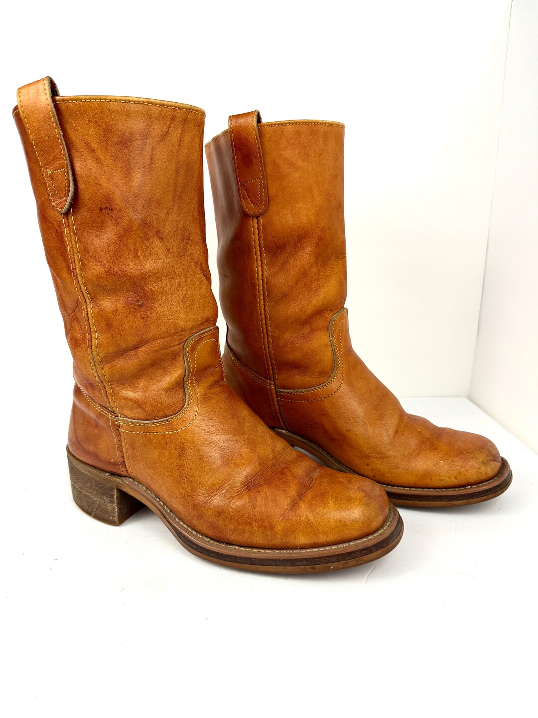 Vintage 70s Mens Campus Western Work Boots Tan Leather Size 9.5 D - Etsy