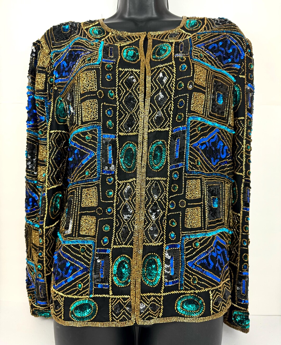 Vintage Scala Silk Blazer Jacket Large Black Blue Gold Embellished ...