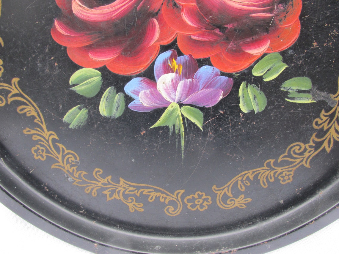 Black Tole Tray Hand Painted Metal Tray Vintage | Etsy