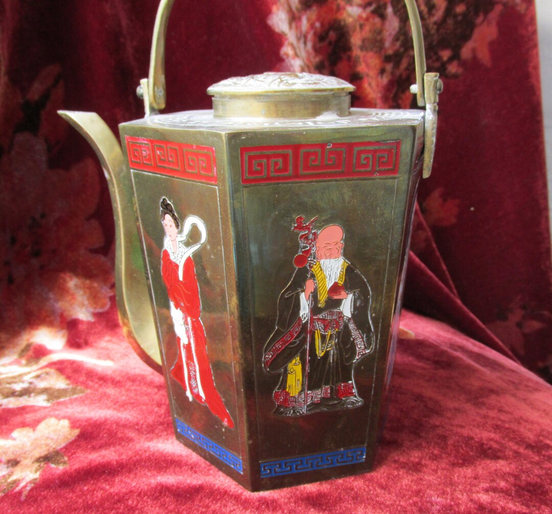 Brass Teapot With Enameled Figures - Vintage - Etsy