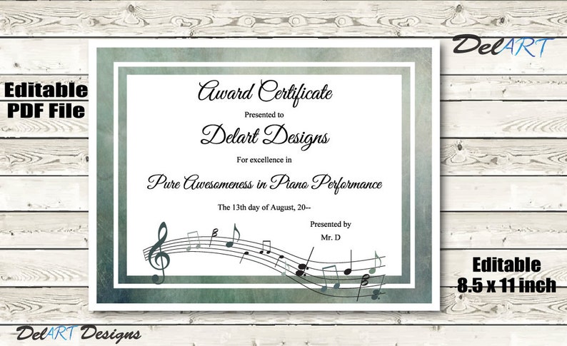 Music Certificate Instant Download Editable PDF File 8.5 X - Etsy