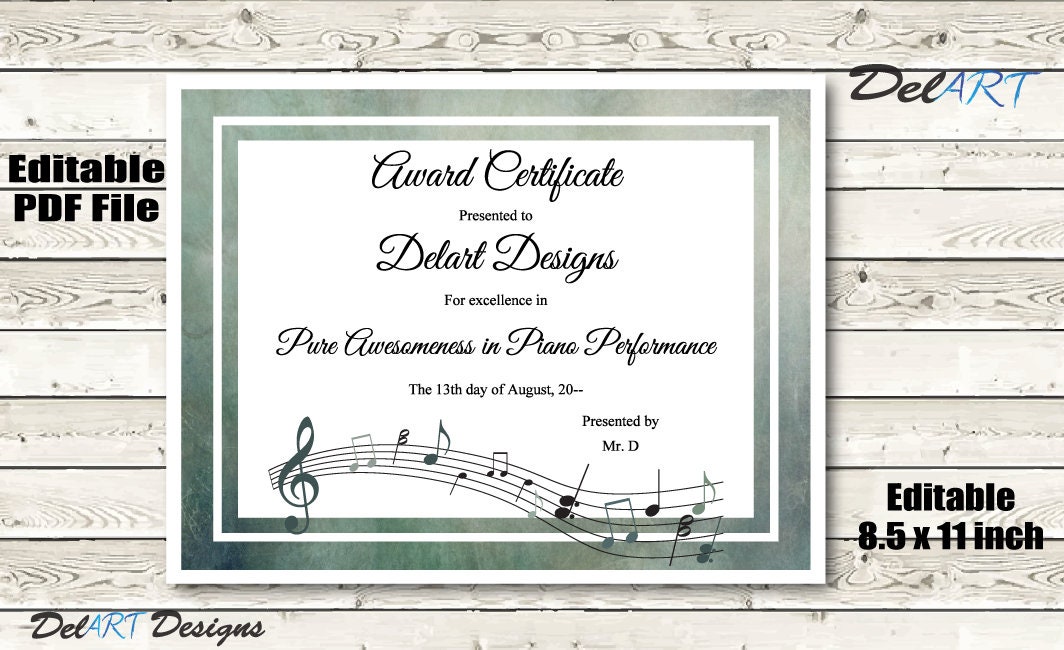 Music Certificate, Instant Download, Editable PDF File, 8.5 X 11 Inches ...