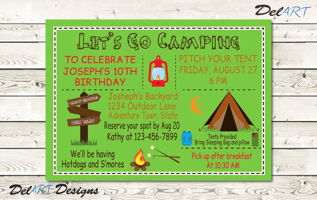 Campout Invitations, Birthday Camping Invites, Family Reunion, Kids ...