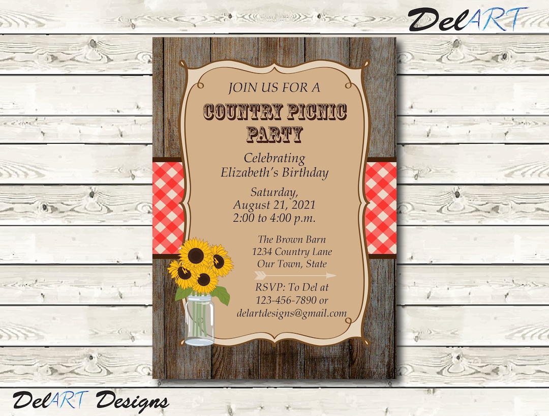 Country Picnic Party Invitations, Barn or Sunflowers, Red Gingham and ...