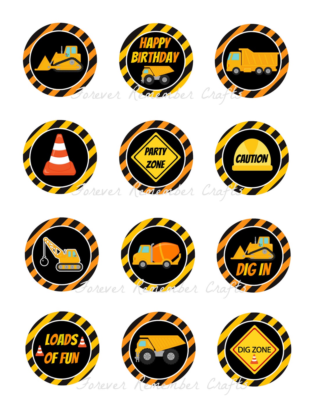 INSTANT DOWNLOAD Printable Construction Cupcake Toppers 2 Inch Circles ...