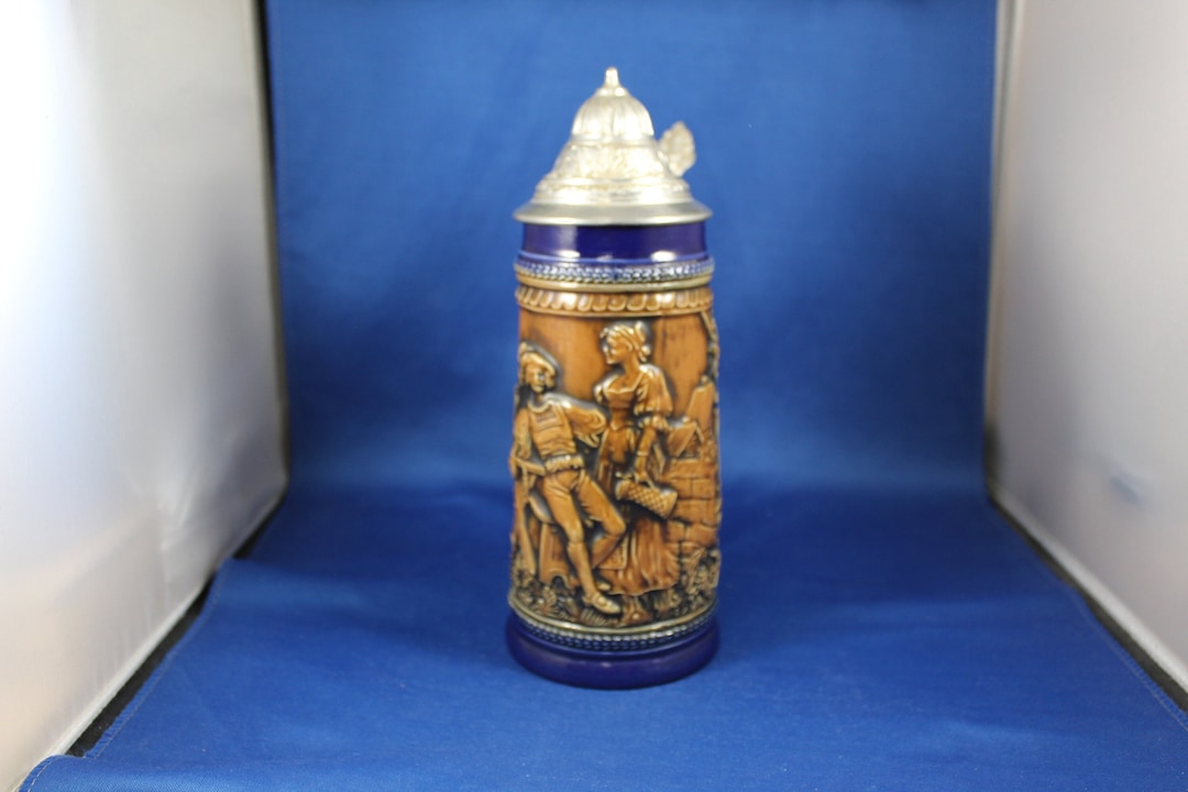 Gerz W. Germany Lidded Beer Stein, Relief Design, Brown and Cobalt Blue ...