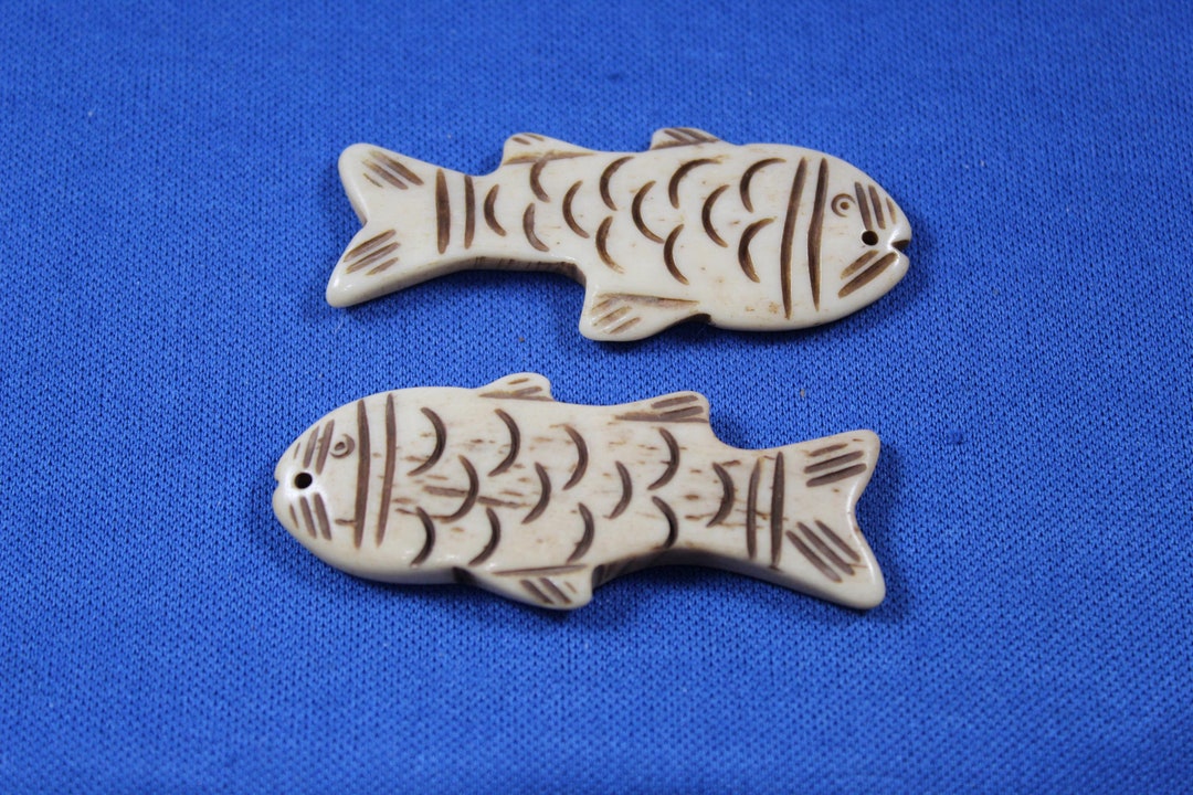 2 Carved Bone Fish Pendants, 2 1/8 Long, Bone Comes From Oxen / Water ...