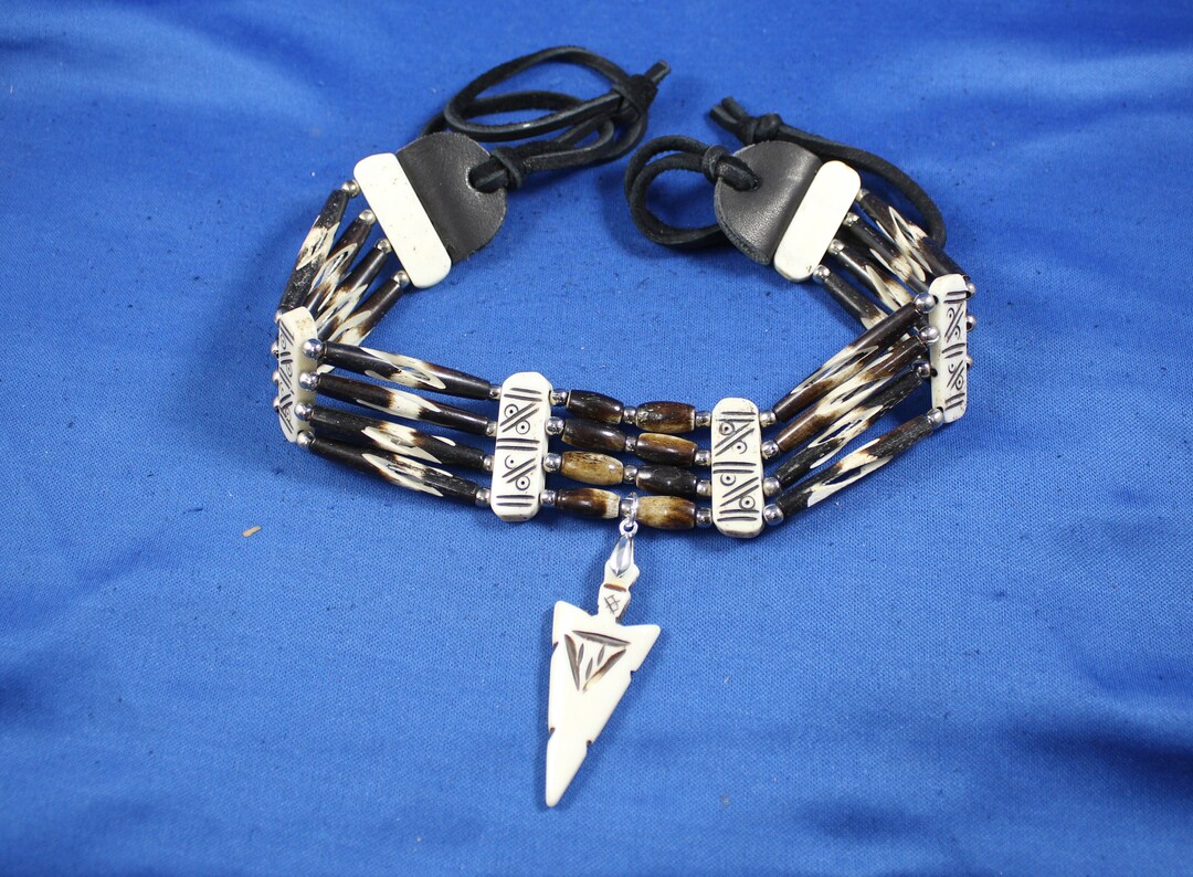Two Tone Bone Hair Pipe Choker Necklace, Stained Bone, Bone Arrowhead ...