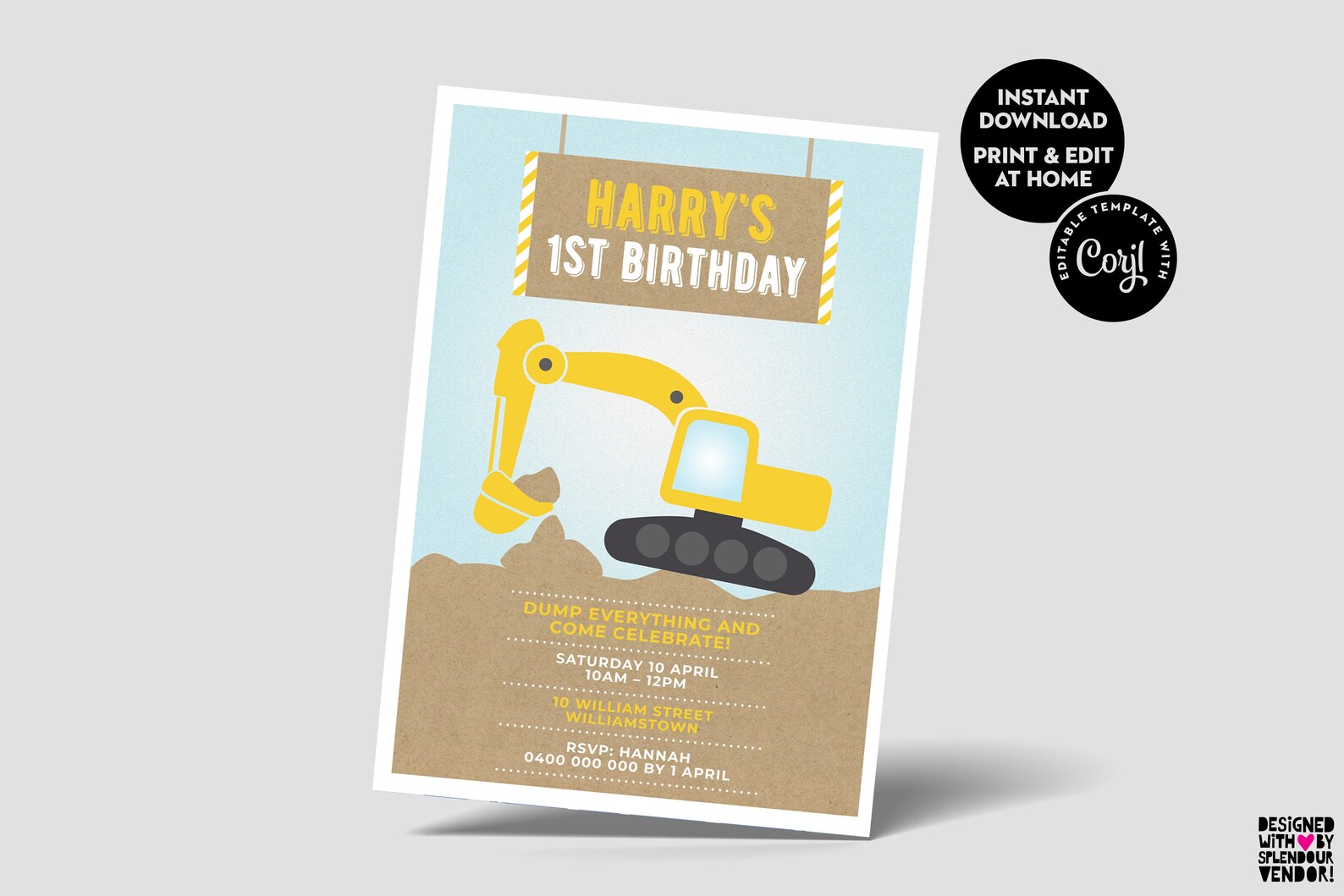 Digger Invite Boys Girls Birthday Party Construction Truck - Etsy