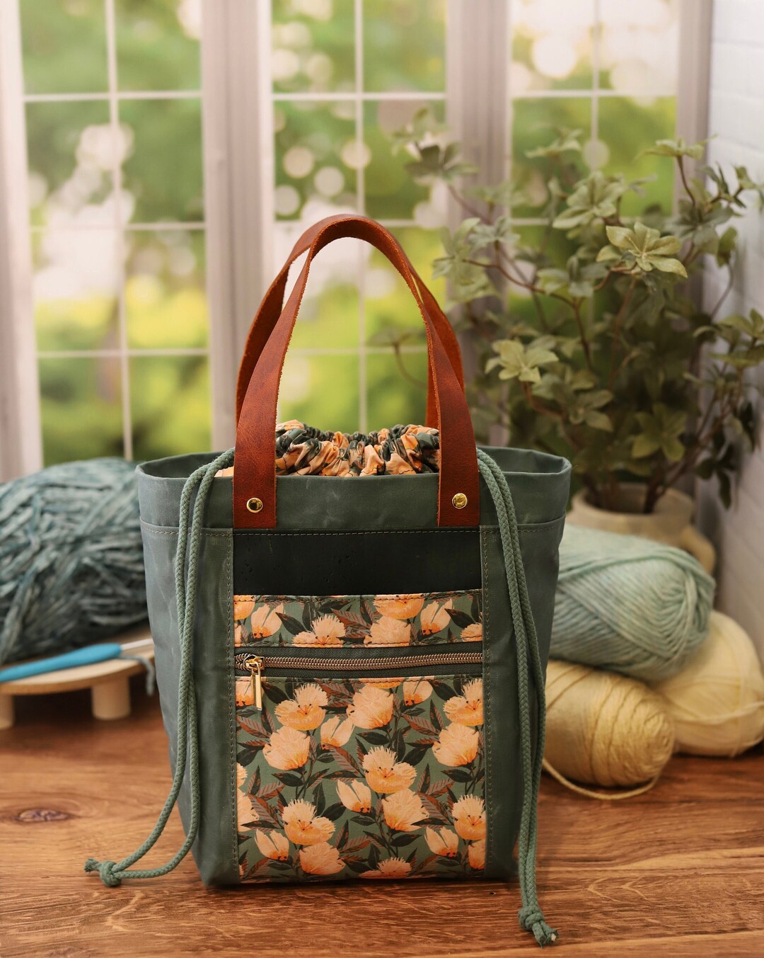 Firefly Tote Bag With Leather Handles, Agave Waxed Canvas With Floral ...