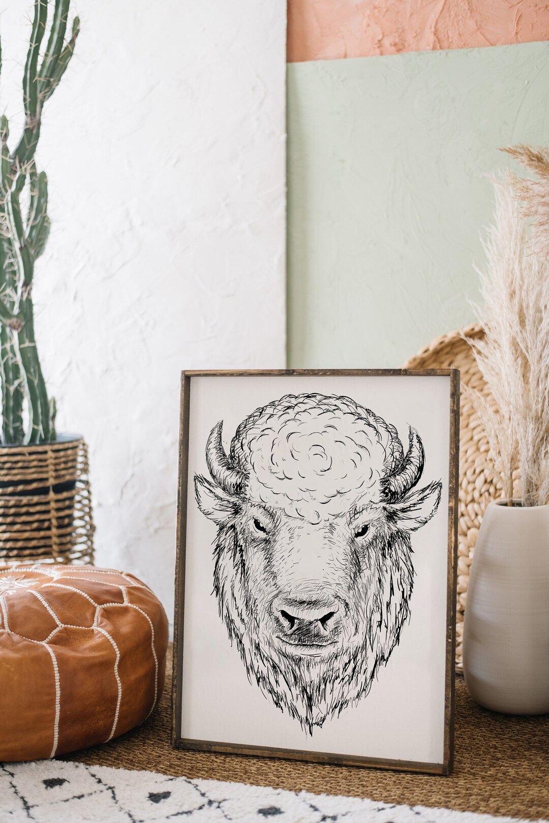 Buffalo Head Wall Art | Modern Ranch Decor | Boho Decor | Boho Print ...