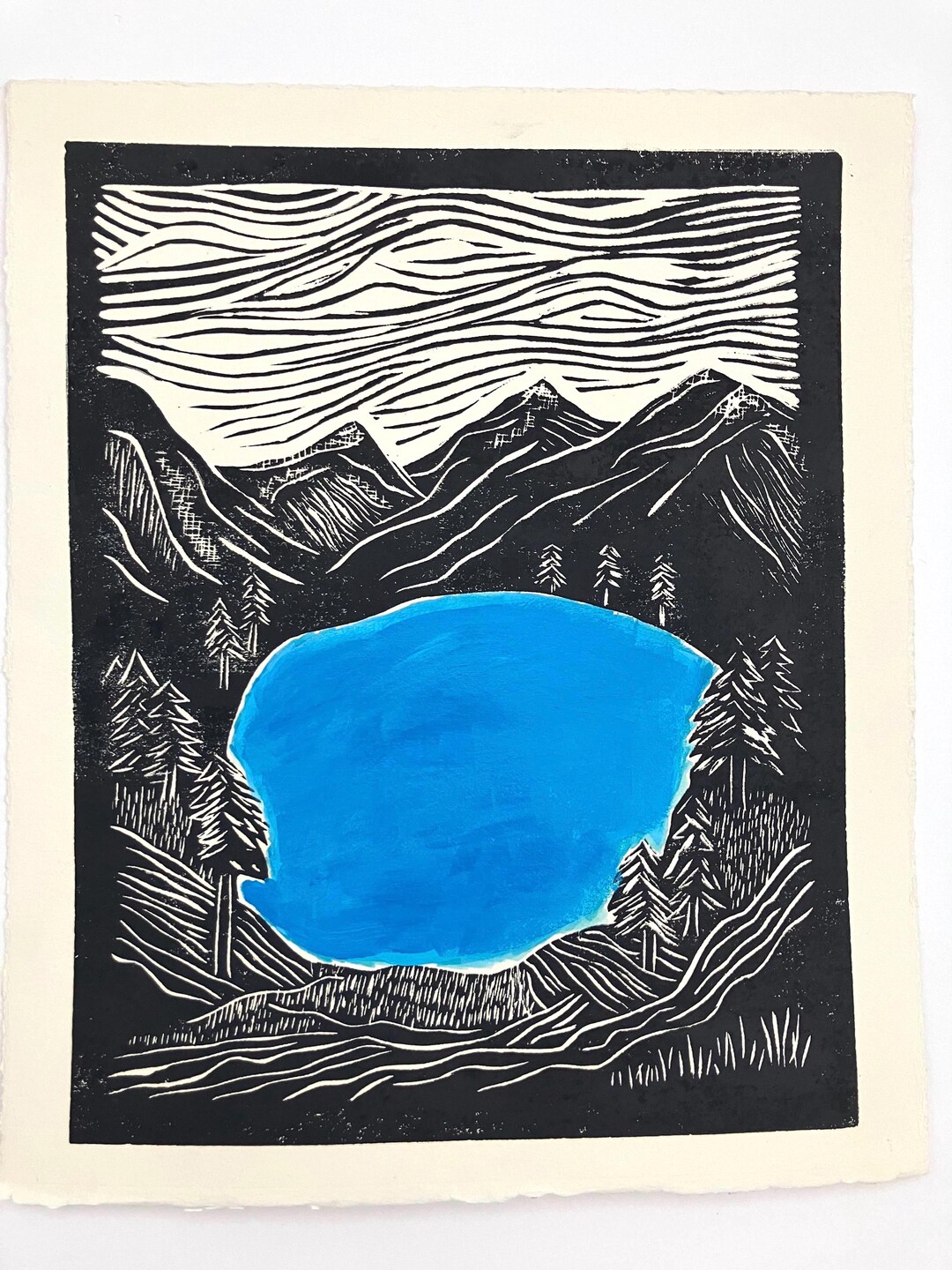 Print of a Mountain Lake Linocut - Etsy