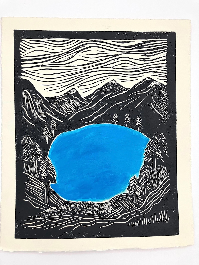 Print of a Mountain Lake Linocut - Etsy