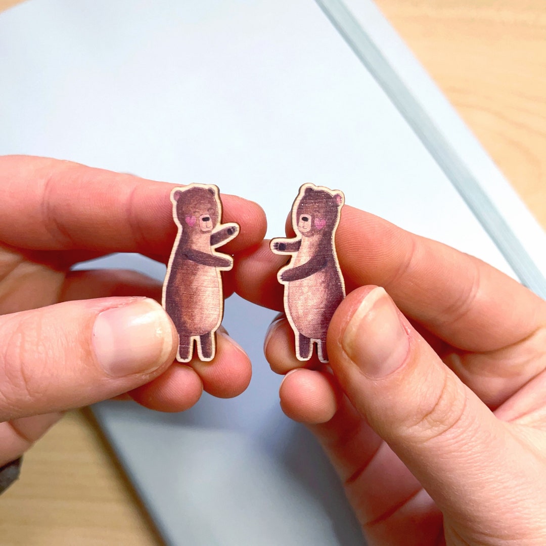Bestie Bear Pin Set Illustrated Animals Wooden Pin Brooch Best Friend ...