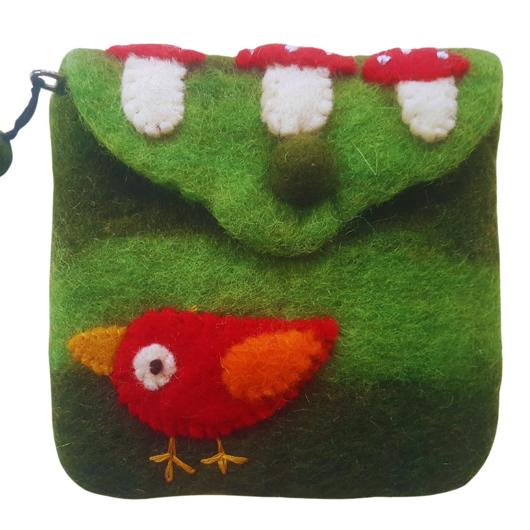 FOREST FELT PURSE, Coin Purse With Lovely Mushroom Details and a Bird ...