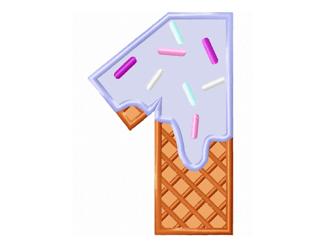 Ice-cream Waffle Cone Birthday Number 1 ONE Applique Machine Embroidery ...