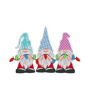 3 Gnomes in Row With Christmas Lights Garland Machine Embroidery ...