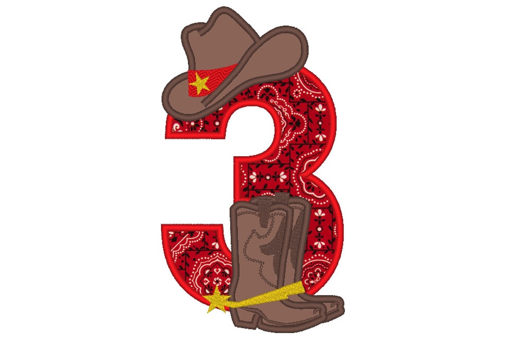Farm Farmer Cowboy Rodeo Cowboy Boots and Hat Applique Number 3 Machine ...