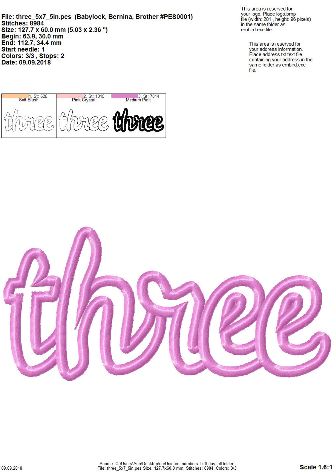 Written Three Birthday Number Three 3 Applique Machine Embroidery ...
