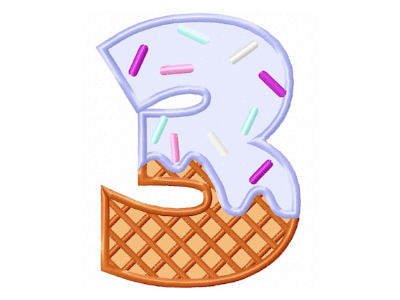 Ice-cream Waffle Cone Birthday Number 3 THREE Applique Machine - Etsy