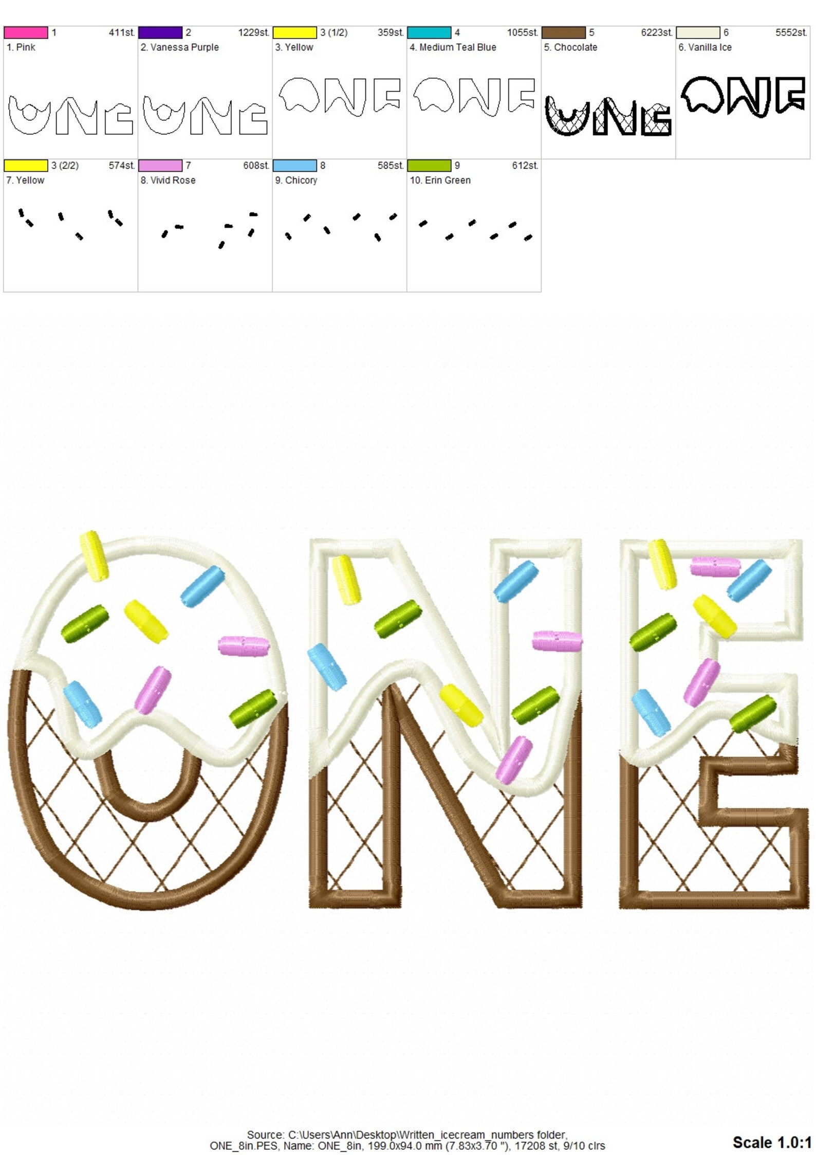 ONE Ice Cream Cone Birthday Number One 1 Applique Machine - Etsy