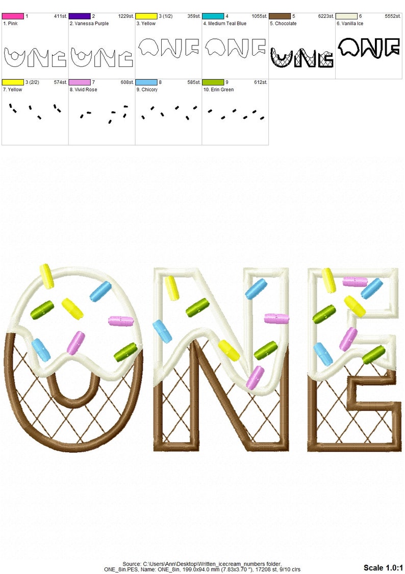 ONE Ice Cream Cone Birthday Number One 1 Applique Machine - Etsy