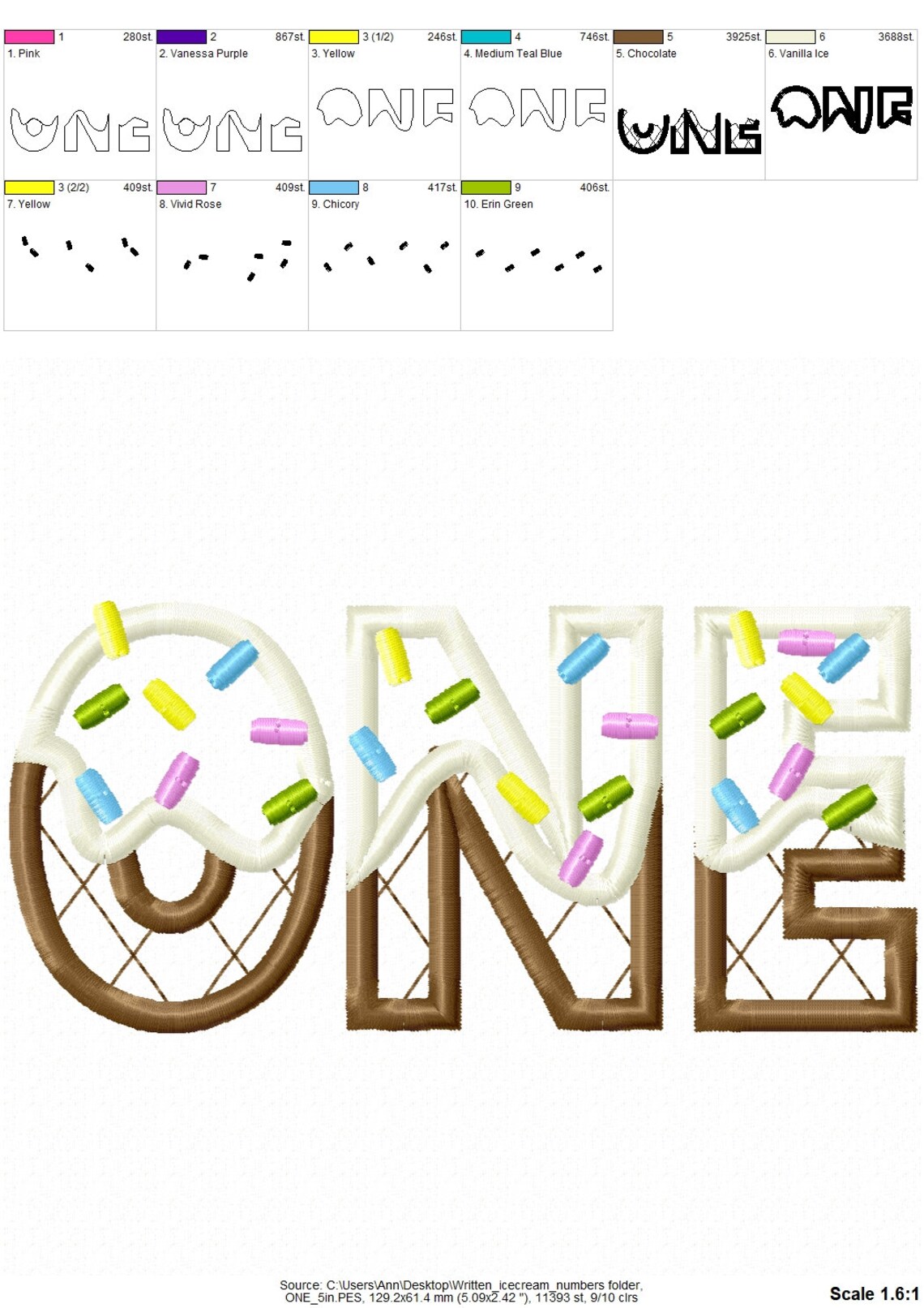 ONE Ice Cream Cone Birthday Number One 1 Applique Machine - Etsy